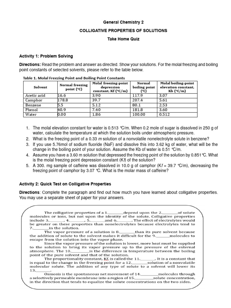 Chem 2 Q3 Take Home Quiz Colligative Properties of Solutions | Download ...