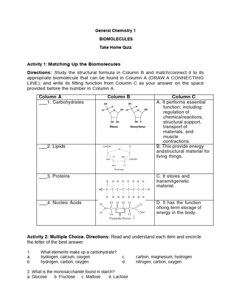 Biomolecules Quiz for Chemistry 1 | PDF | Carbohydrates | Biomolecules