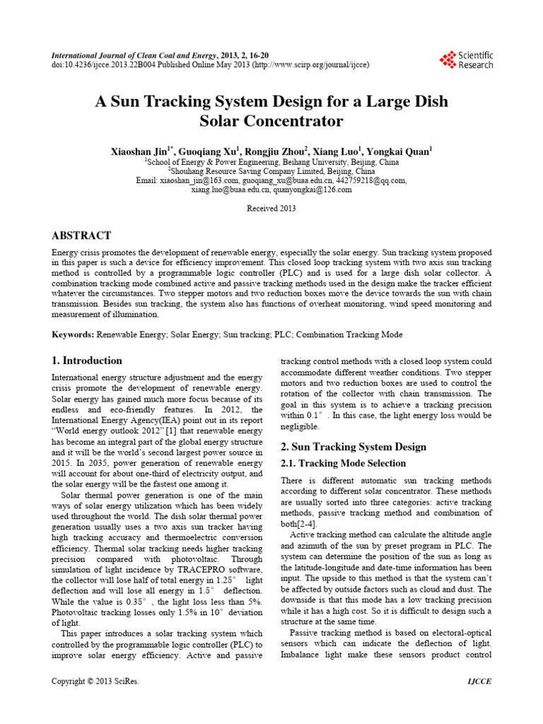 A Sun Tracking System Design For A Large Dish Sola | PDF | Solar Energy ...