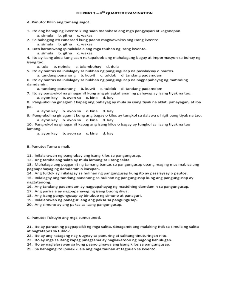 Filipino 2 - 4th Quarter Exam. | PDF