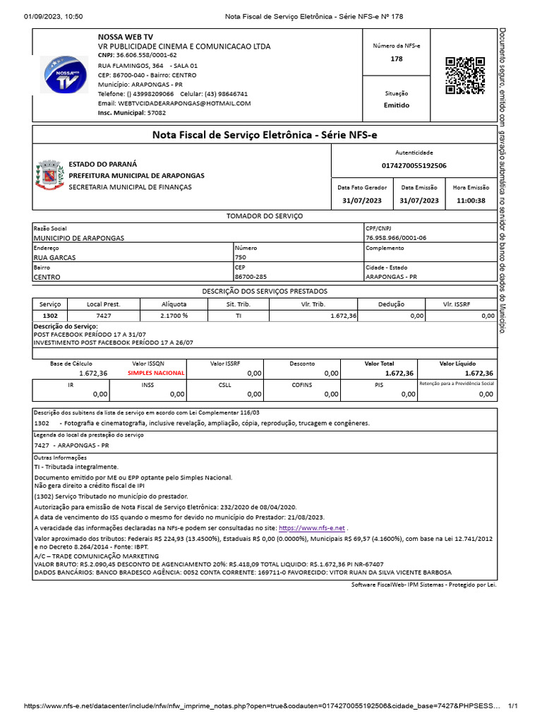 Nota Fiscal de Serviço Eletrônica - Série NFS-e #178 | PDF | Finanças e ...