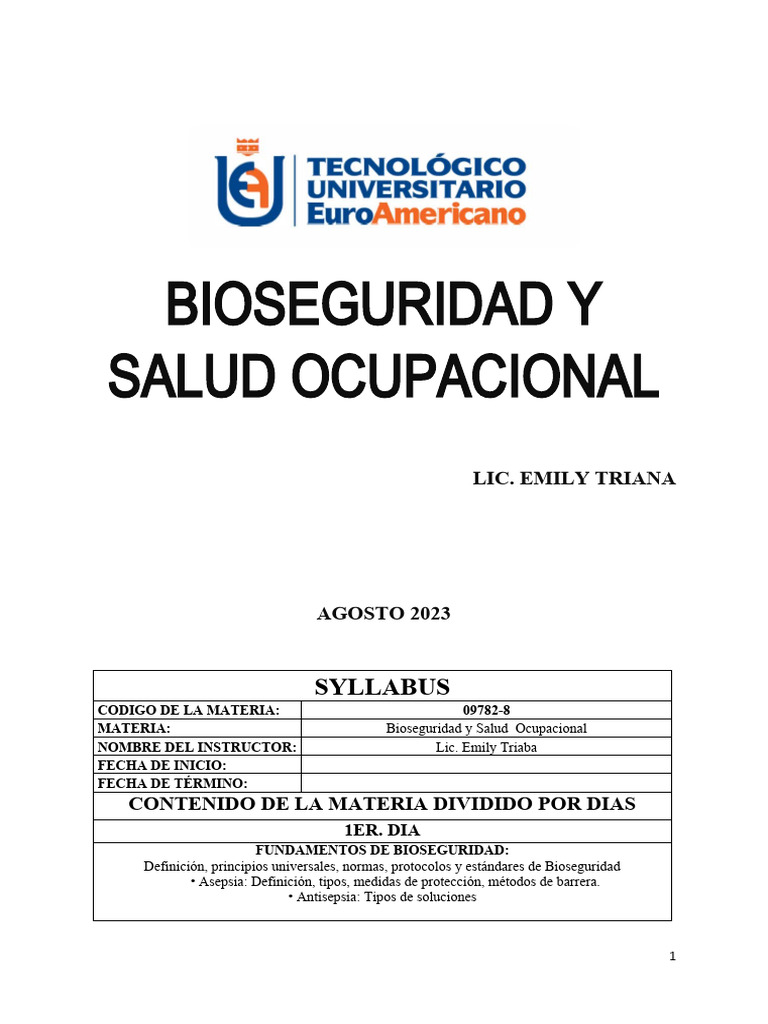 Bioseguridad y Salud Laboral: Syllabus | PDF | Infección ...