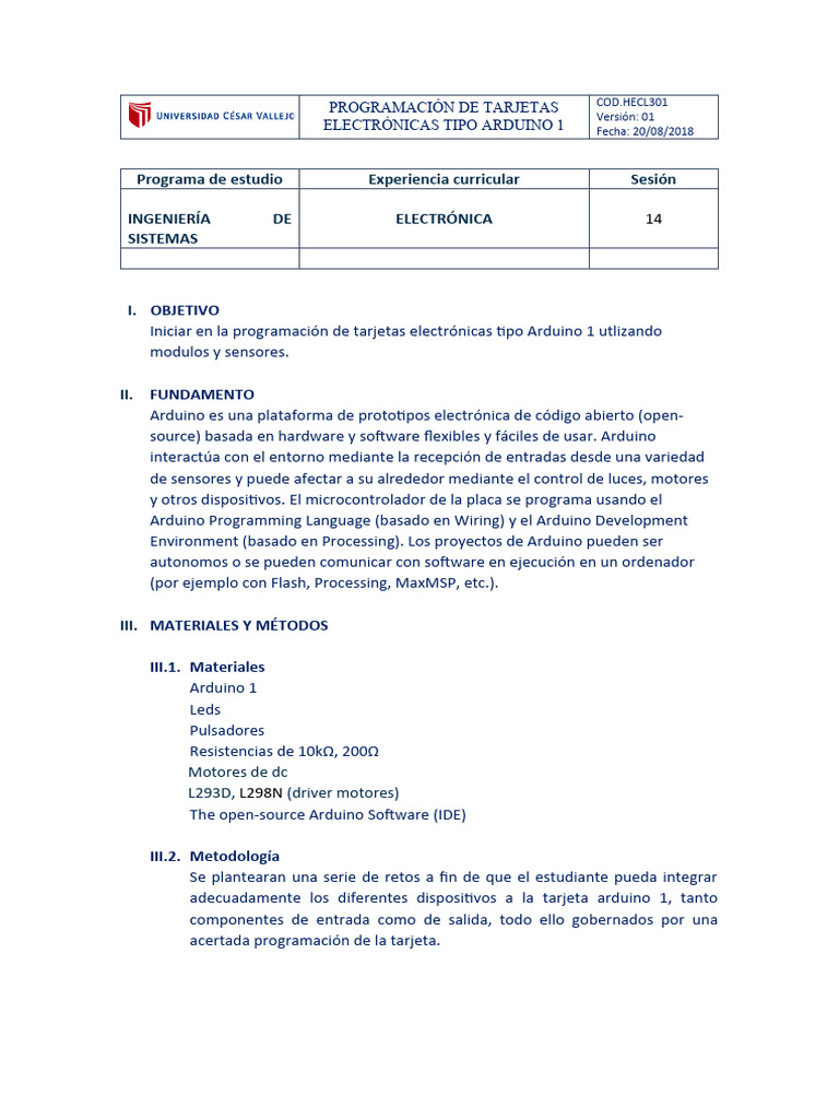 Guía de Práctica de Laboratorio #14 | PDF | Arduino | Diodo emisor de luz