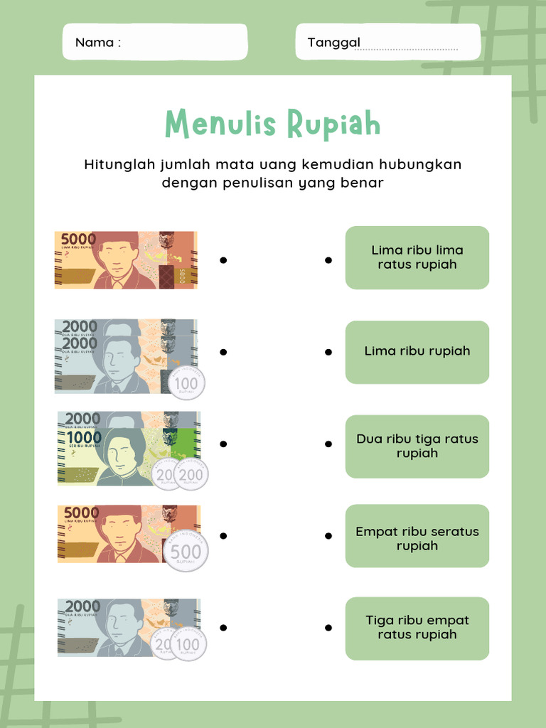 Lembar Kerja Menulis Nilai Uang Rupiah Ilustrasi Warna-Warni | PDF