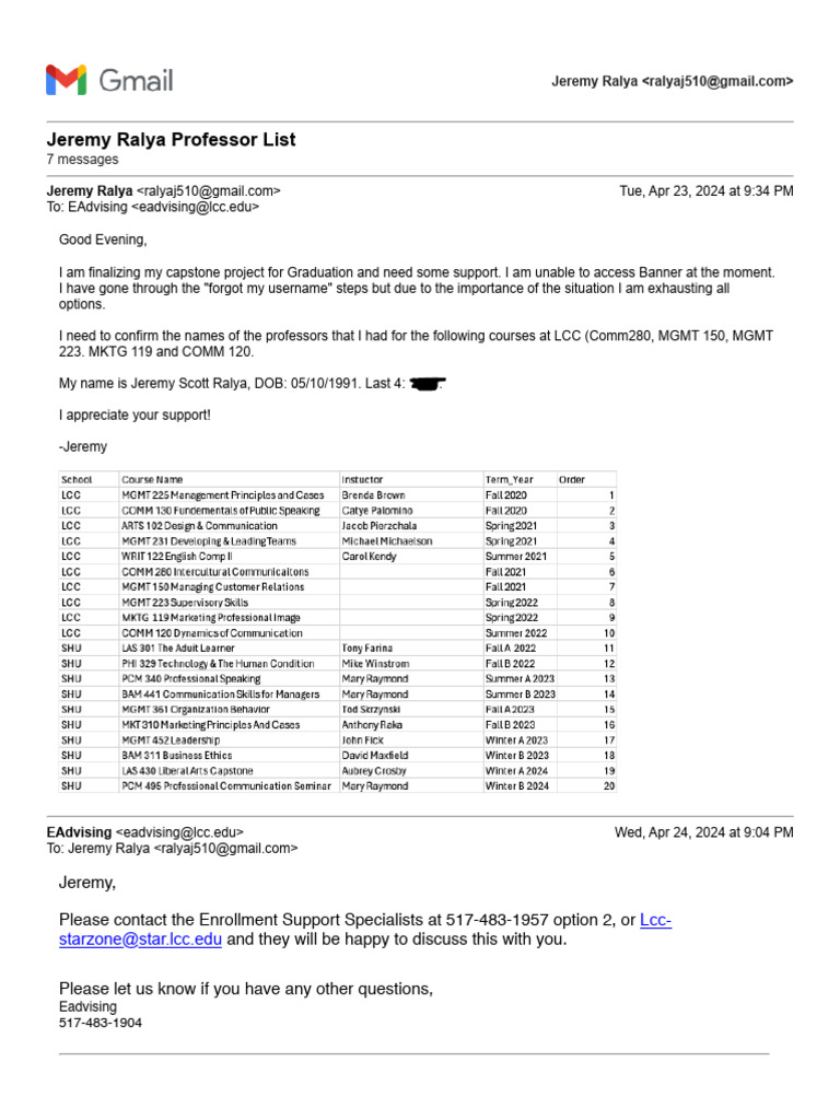 LCC) Jeremy Ralya Professor List - Attempt | PDF | Career & Growth