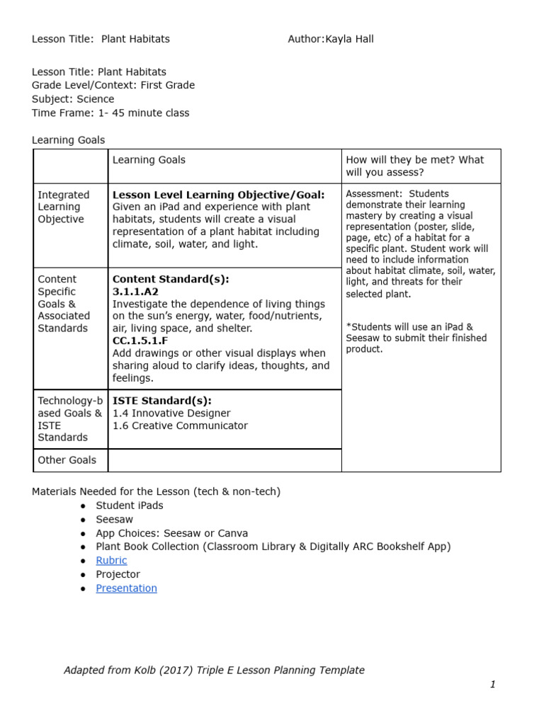 Hall Triple e Lesson Plan Template Adapted From Kolb 2017 1 | PDF | Learning | Cognitive Science