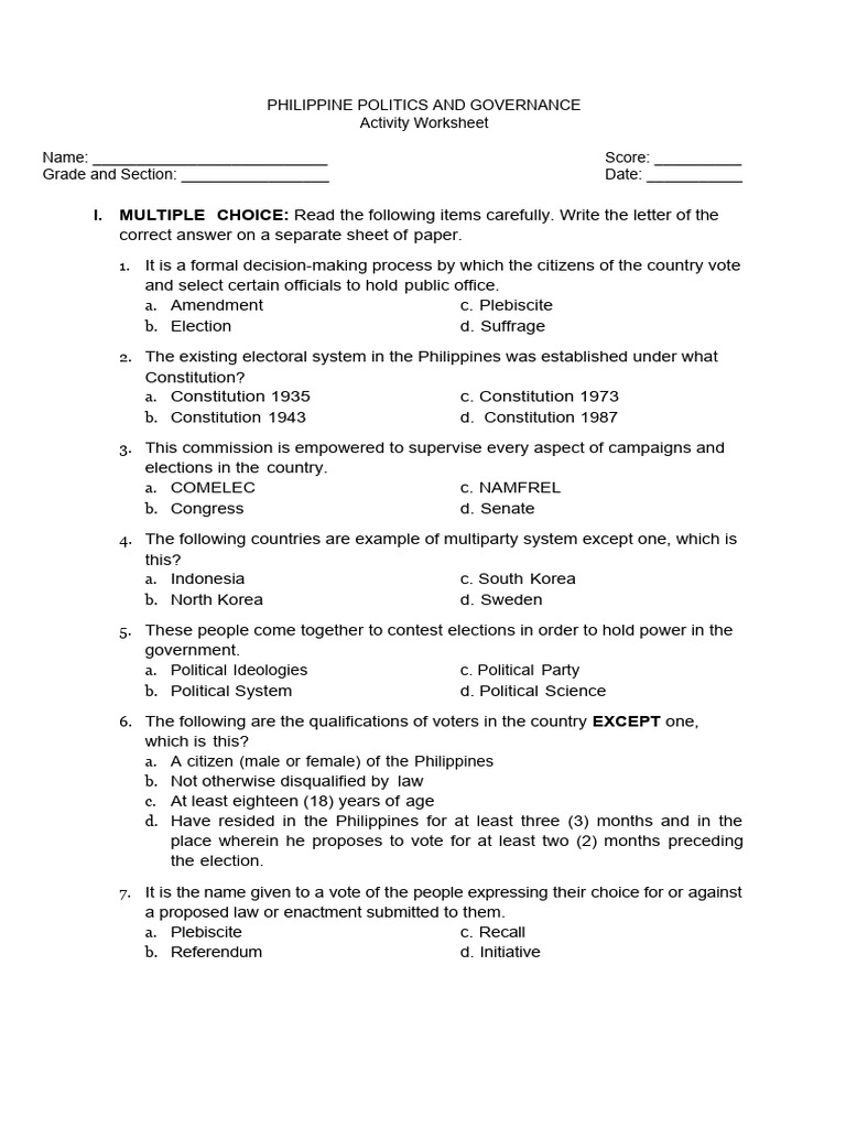 Elections Activity Worksheet | PDF | Elections | Parliamentary Procedure