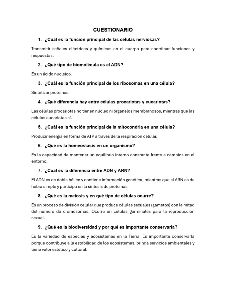 Cuestionario de Biología Básica | Descargar gratis PDF | Biología Celular) | Adn