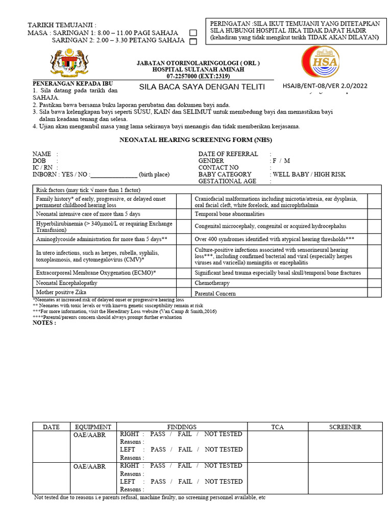08 High Risk Neonatal Hearing Screening (NHS) Form Ver-2.0 | PDF ...