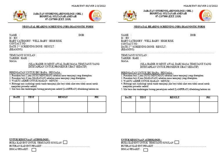 30 Neonatal Hearing Screening (NHS) Diagnostic Form | PDF