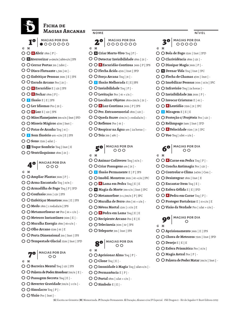 OD2 Ficha Magias Arcanas (Editavel) | PDF