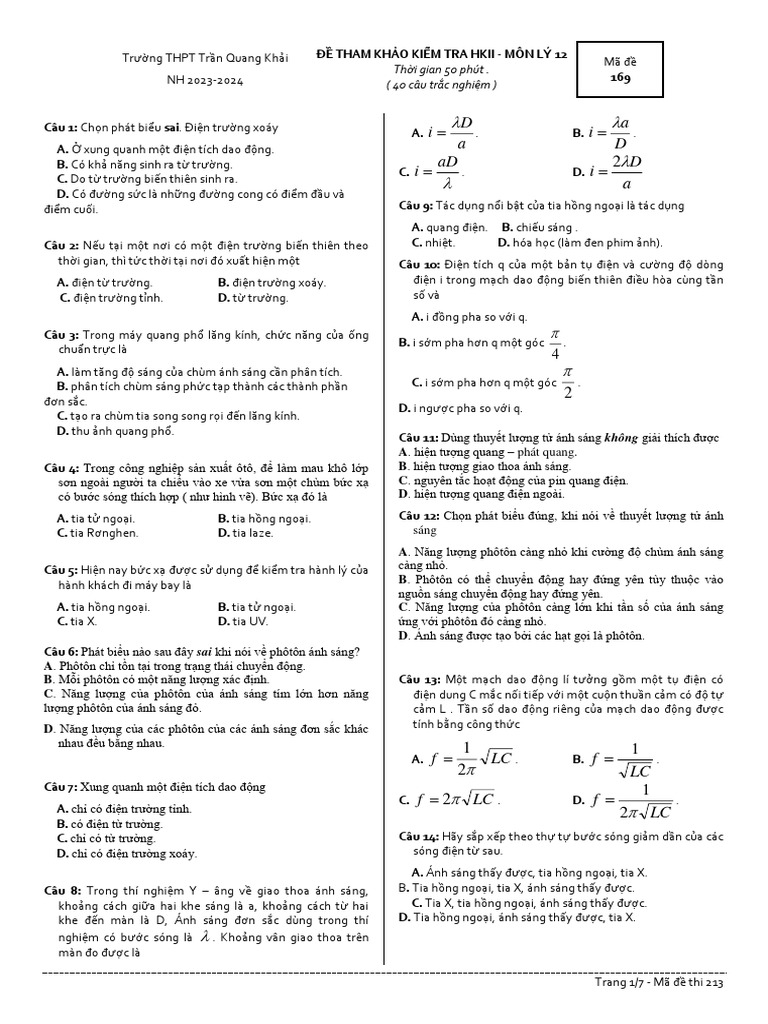 De 169-312 Ôn Thi HK2 Ly 12 | PDF