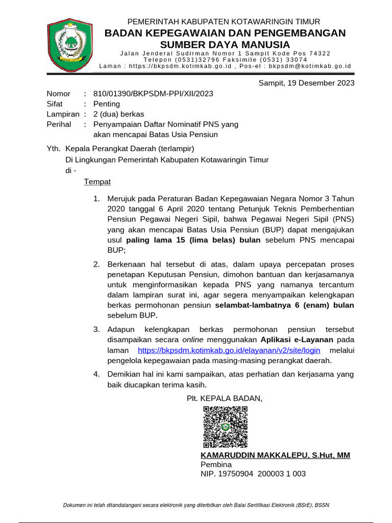Surat Penyampaian Daftar Nominatif PNS Yang Akan Mencapai Batas Usia Pensiun | PDF
