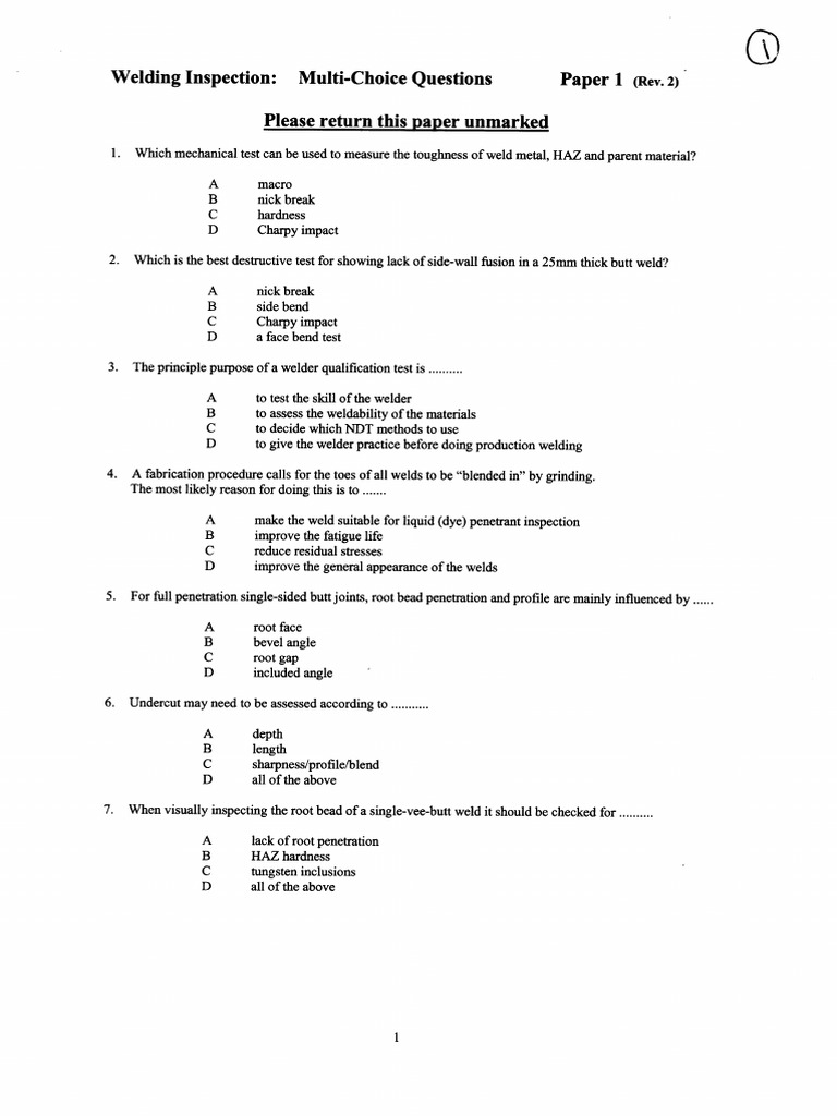 CSWIP Weld Inspection 3.1 Exam Questions 1 2007 | PDF