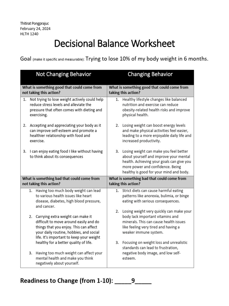 Decisional Balance Worksheet | PDF | Weight Loss | Self Esteem