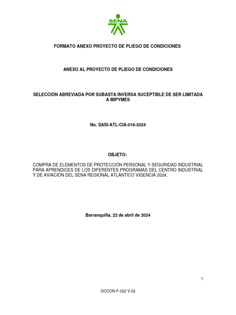 Anexo Proyecto de Pliegos SASI-ATL-CIA-016-2024 | PDF | Economias