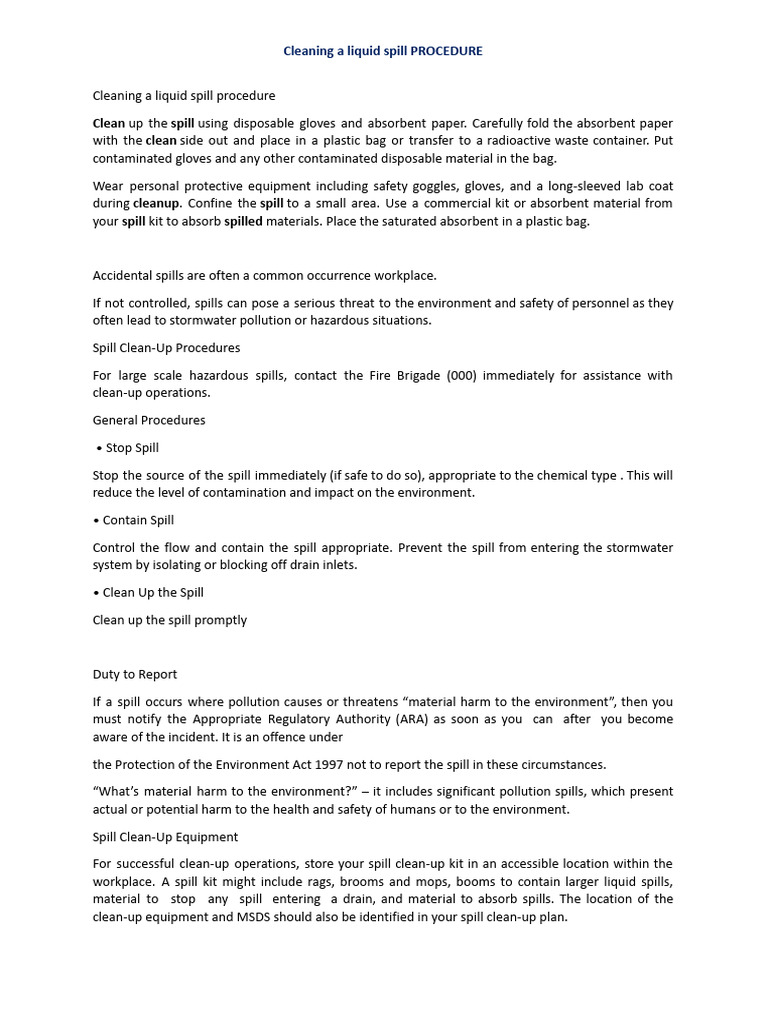 Cleaning A Liquid Spill Procedure For Part D | PDF | Oil Spill ...