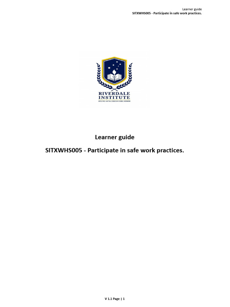 Learner Guide SITXWHS005 - Participate in Safe Work Practices | PDF ...