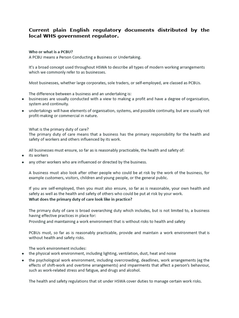 Current Plain English Regulatory Documents Distributed by The Local WHS ...