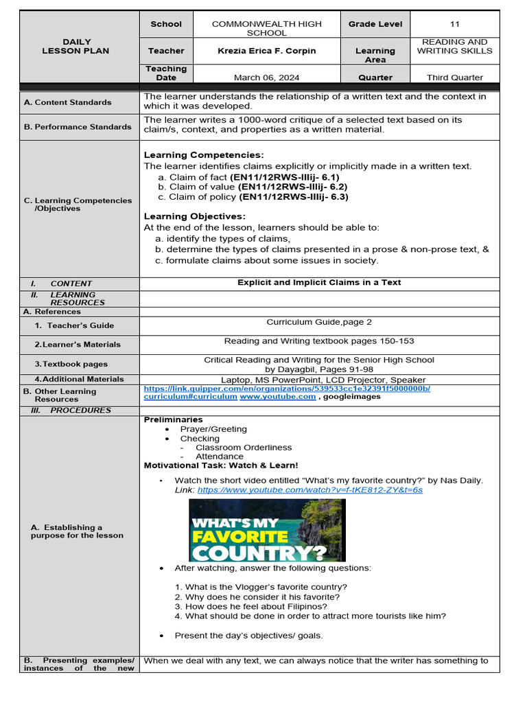 DLL Claims Final | PDF | Learning | Lesson Plan