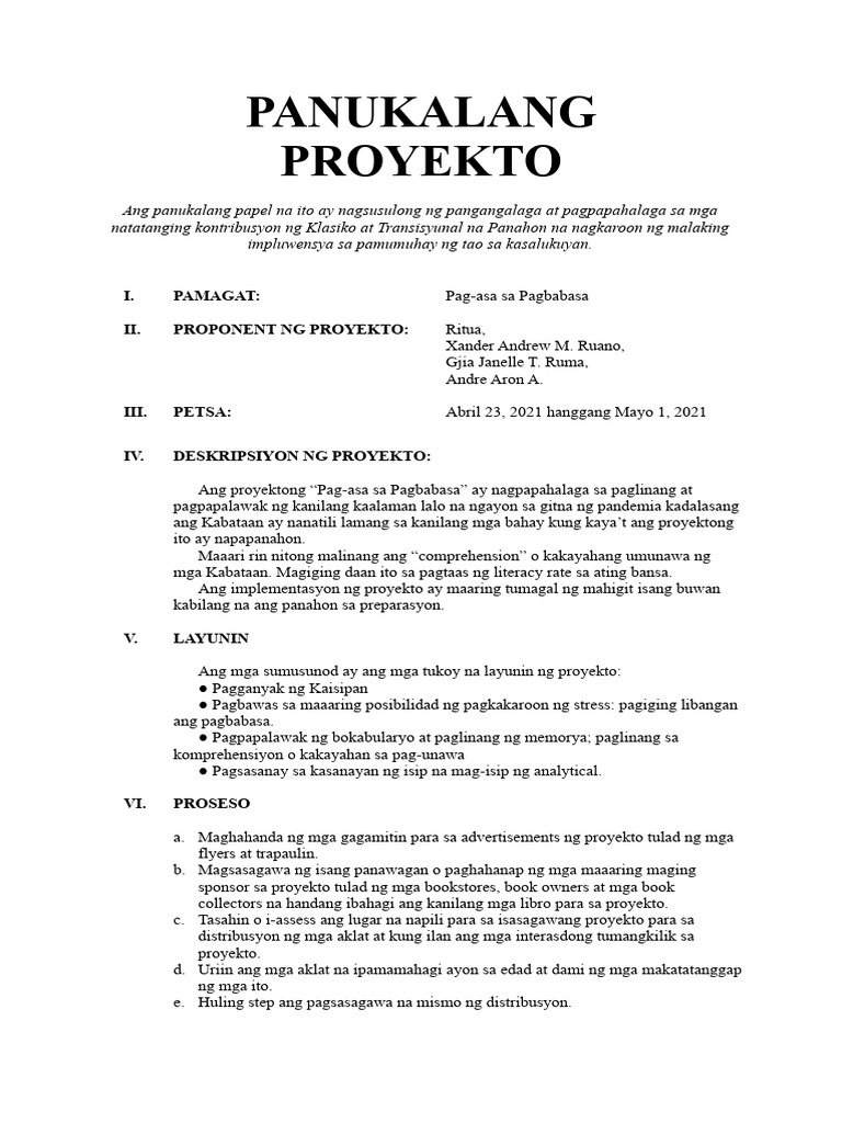 Halimbawa NG Panukalang Proyekto | PDF Halimbawa NG Panukalang Proyekto | PDF