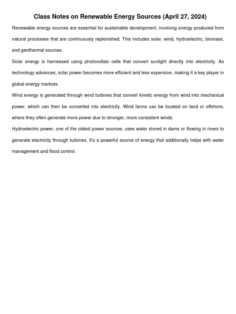 Enhanced Class Notes On Renewable Energy Sources April 27, 2024 | PDF