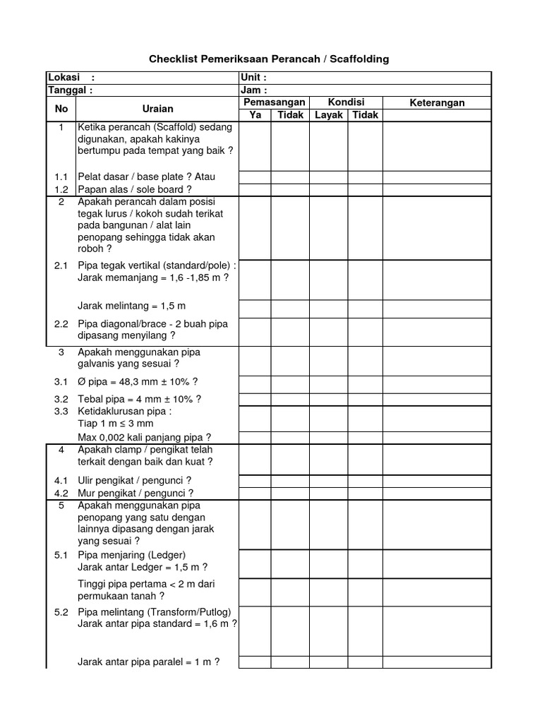 Checklist Inspeksi Perancah Lengkap | PDF