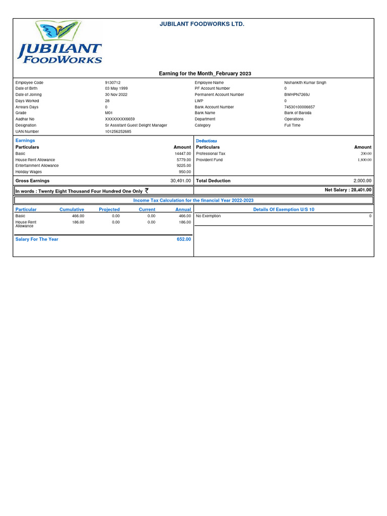 Jubilant Foodworks Salary Slip February 2023 | PDF | Salary | Taxation