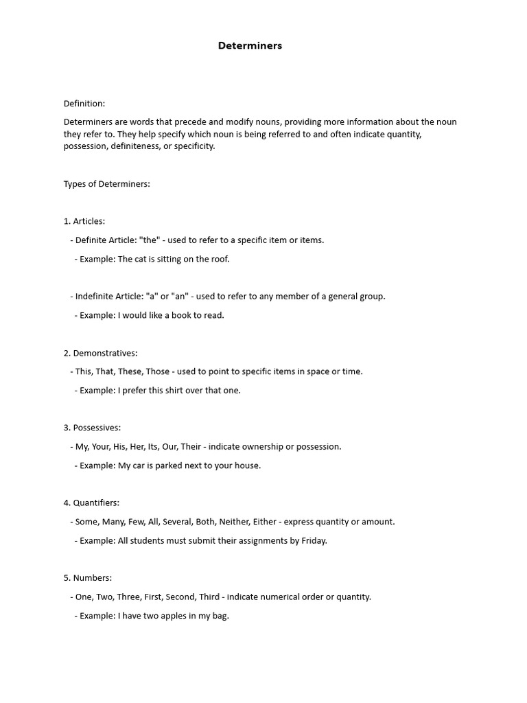 Determiners - Short Notes | PDF