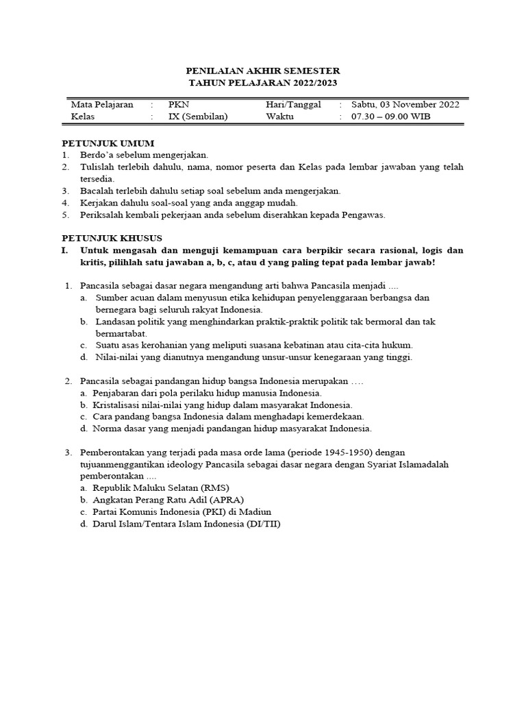 PAS 1 PKN Kelas 9 | PDF