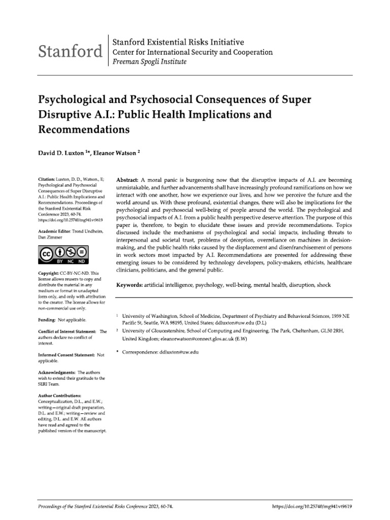 Psychological and Psychosocial Consequences of Super Disruptive AI ...