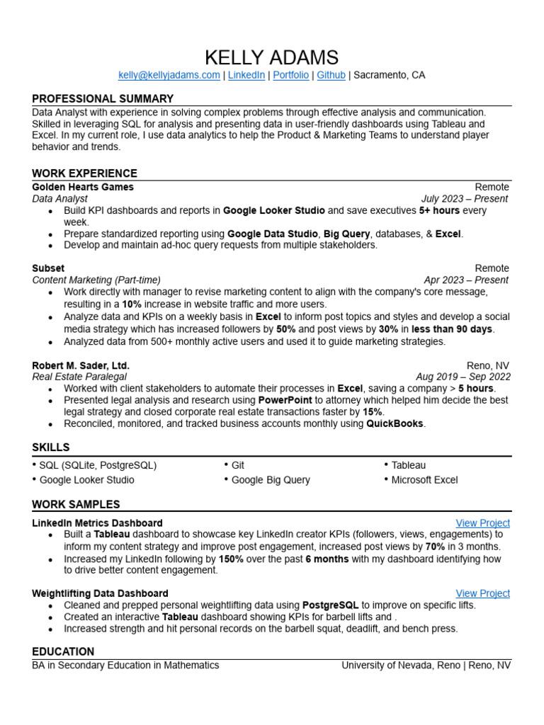Kelly Adams Public Resume 7-17-23 | PDF | Microsoft Excel | Data Analysis