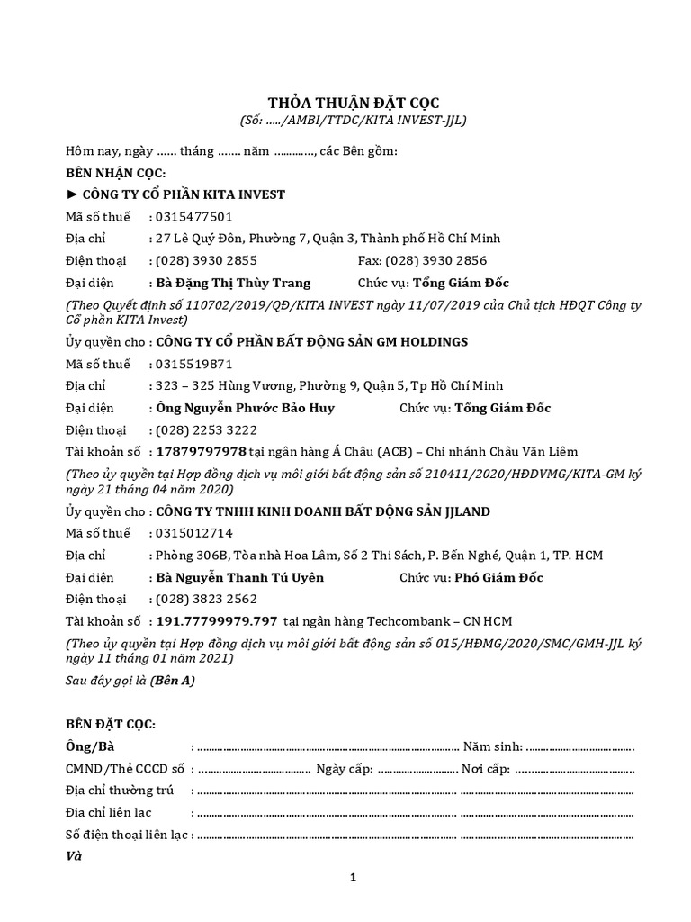 JJL - Thoa Thuan Dat Coc | PDF