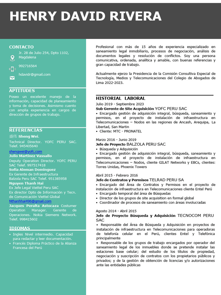 Henry Davidrivera CV - Documentado | Descargar gratis PDF | Perú | Nokia