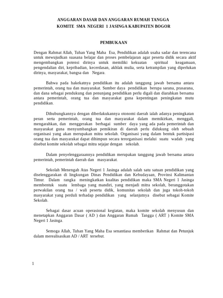 AD/ART Komite Sekolah SMA Jasinga | PDF