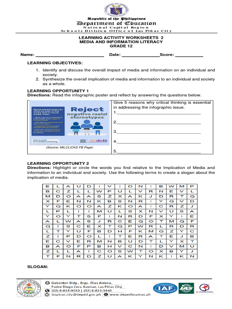 Grade 12 Media Literacy Worksheets | PDF | Human Communication | Learning