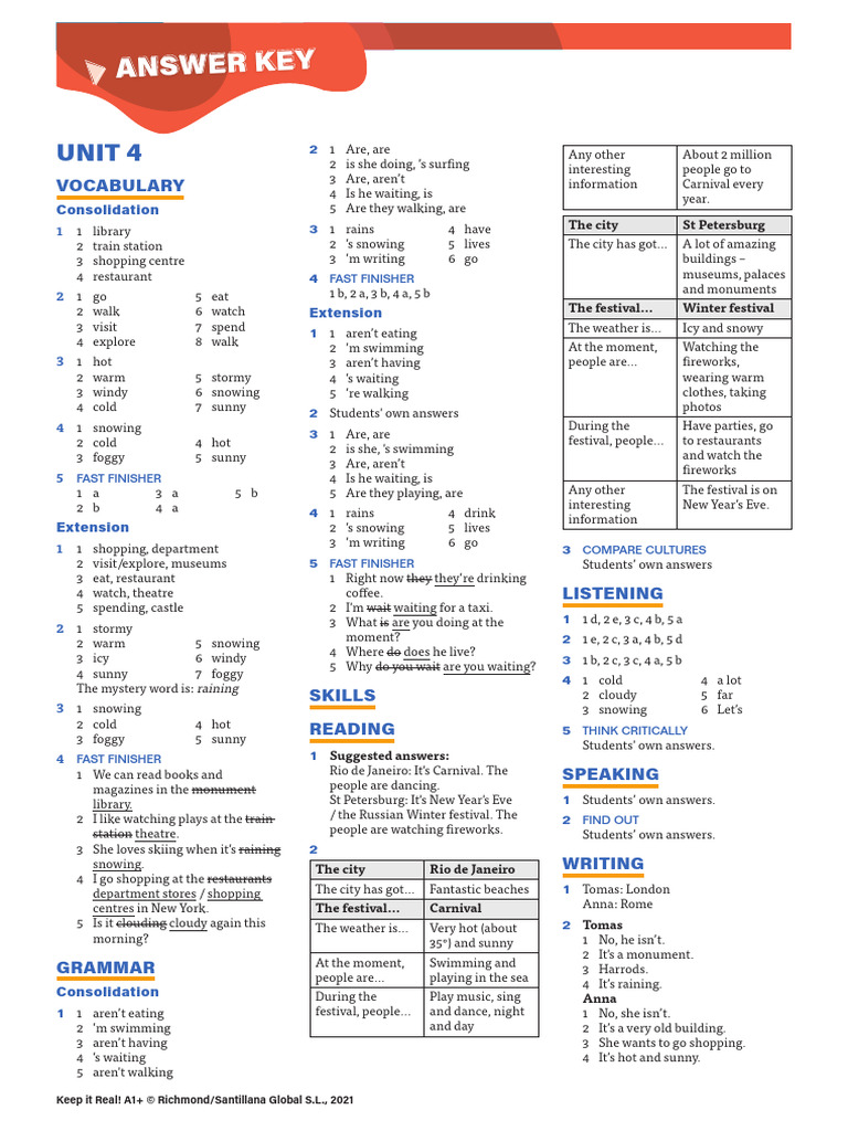 KIR A1plus onlineWS Answer T2 U4-6 FINAL | PDF | Lunch | Pasta