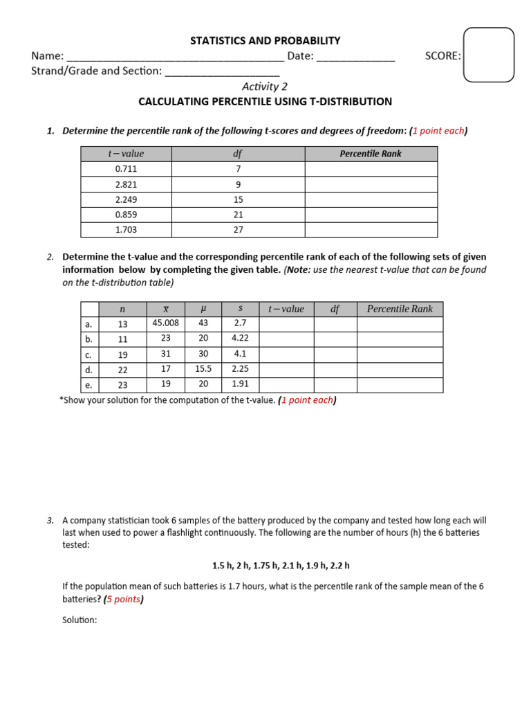 Activity 2 Calculating Percentiles Using T Distribution | PDF