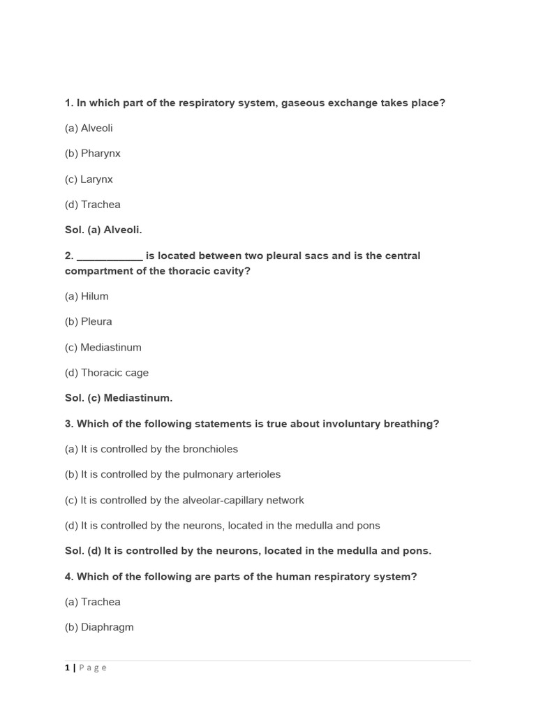 MCQs On Respiratory System - Biology | PDF | Respiratory Tract ...