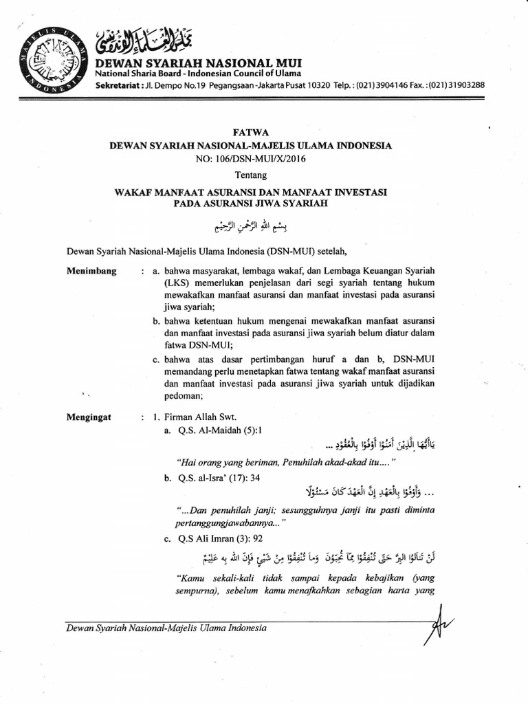 Fatwa DSN MUI No 106 2016 Tentang Wakaf Manfaat Asuransi | PDF