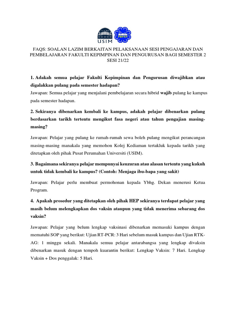 Faqs Soalan Lazim Berkaitan Pelaksanaan PDP Pada Semester 2 Sesi 21 - 22 | PDF