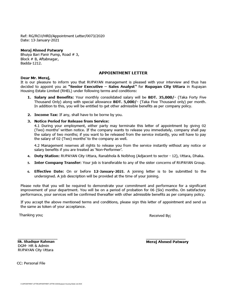Rupayan Housing Appointment Letters | PDF | Salary | Employment