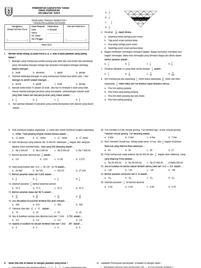 Soal PTS 1 - MTK Kelas 4 | PDF