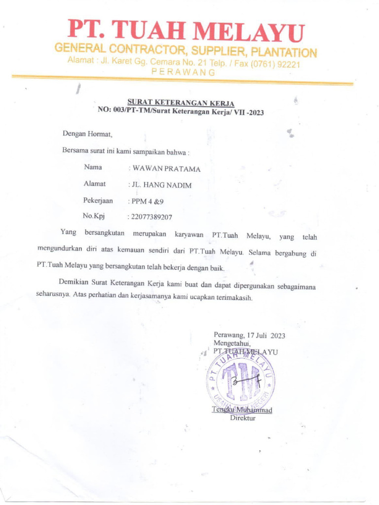 surat pengalaman kerja TM | PDF