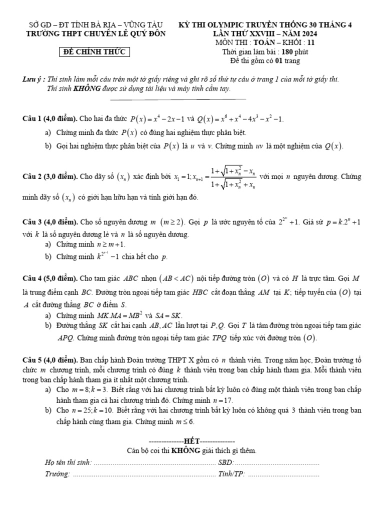 De Thi Olympic 30 04 Toan 11 Lan 28 Nam 2024 Truong Chuyen Le Quy Don ...