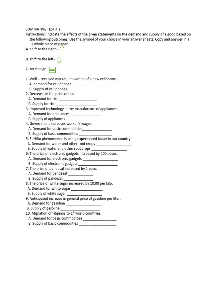 SUMMATIVE TEST 4.1 Applied Economics | PDF | Demand | Supply (Economics)
