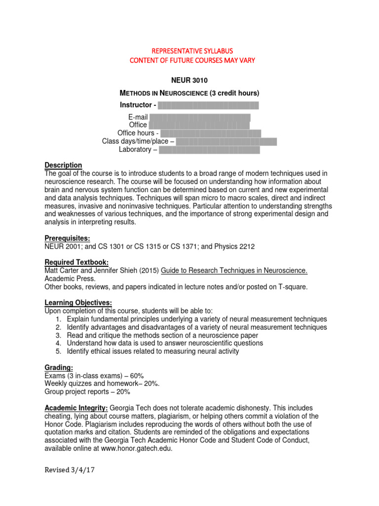 Introduction To Neuroscience Course Syllabus | PDF | Neuroscience ...