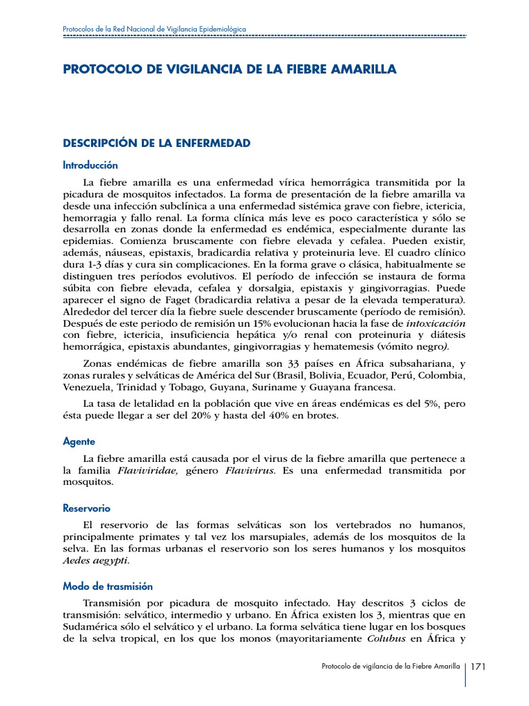 Protocolo de Vigilancia de Fiebre Amarilla | PDF | Fiebre amarilla | Virus