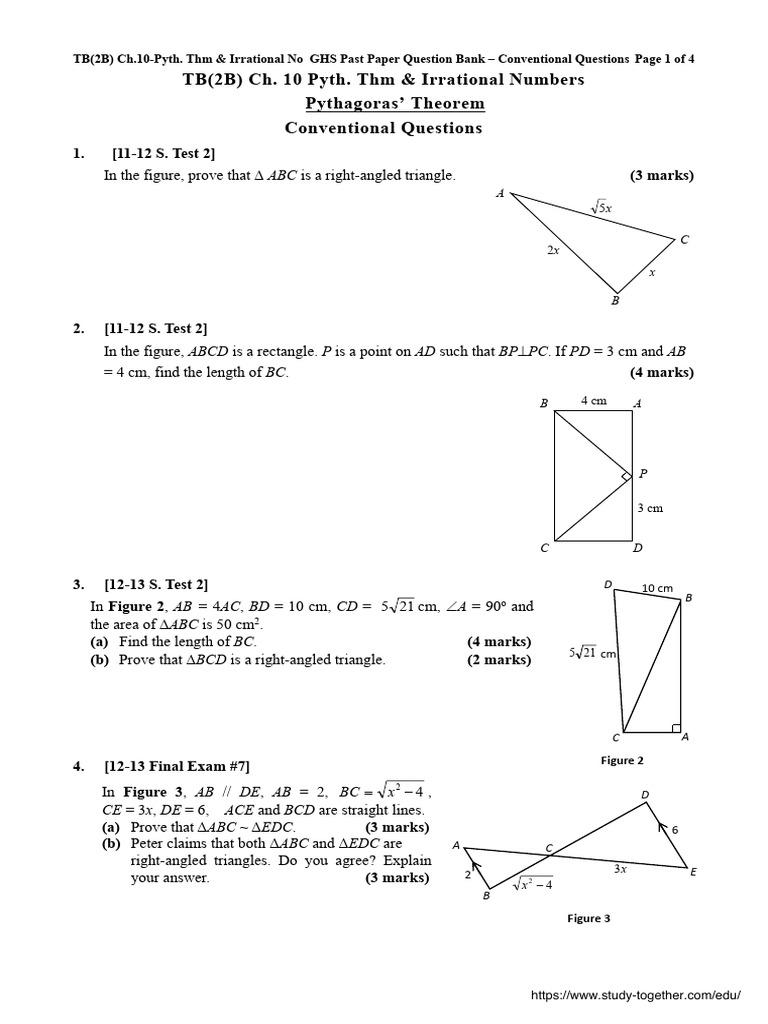 Pythagorean Theorem Past Paper Questions | PDF | Area | Triangle Geometry