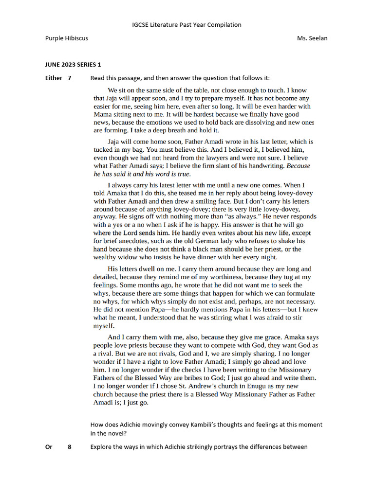 Purple Hibiscus IGCSE Discussion Questions | PDF